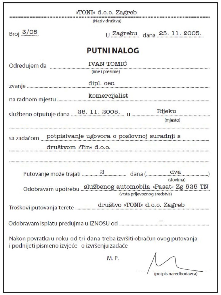 Putni Nalog - Primjer / Uzorak | PDF