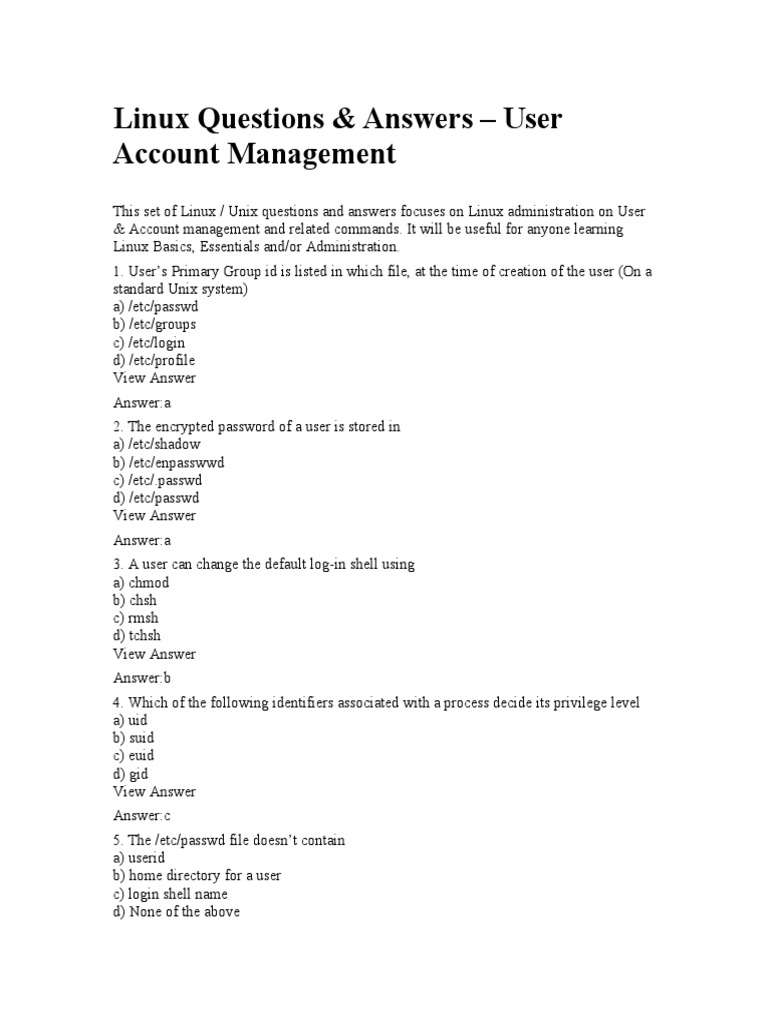 Linux Questions & Answers - User Account Management | PDF | Superuser | User (Computing)