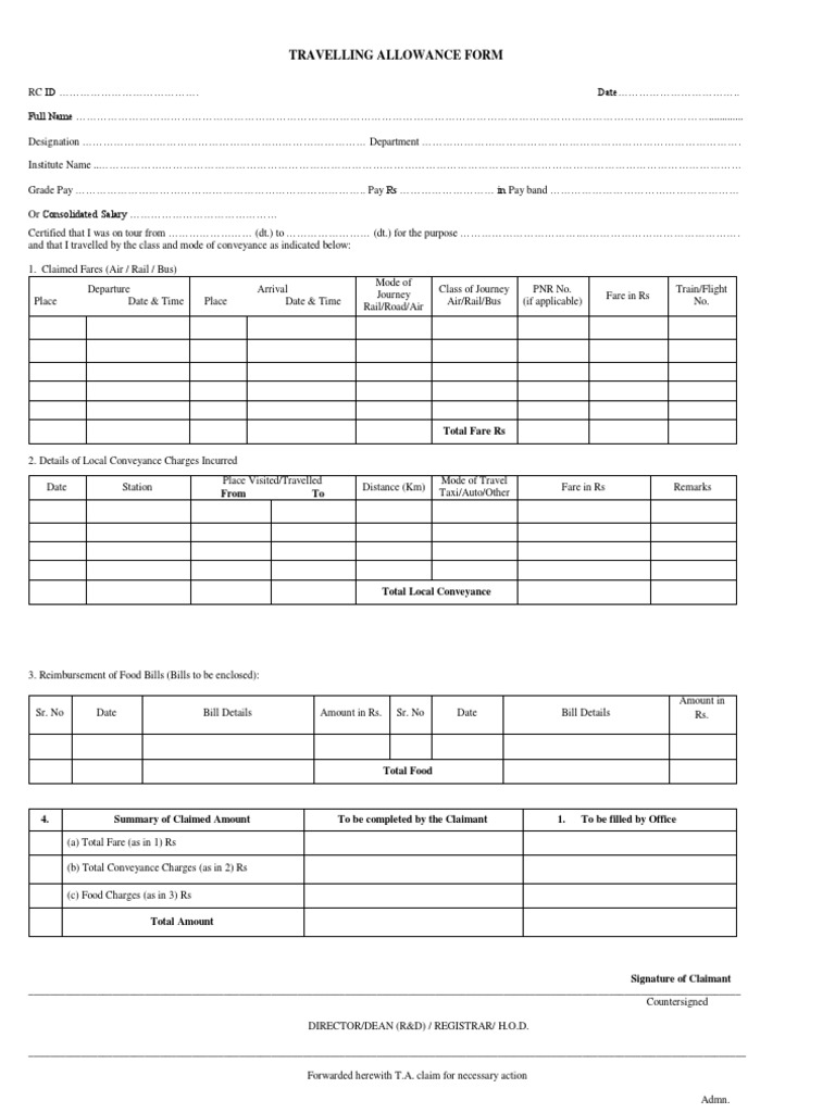 Travelling Allowance Form: Total Fare Rs | PDF