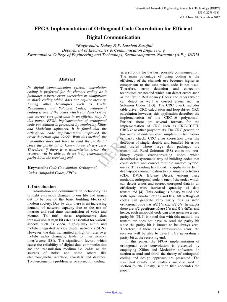 Ijert Ijert Fpga Implementation Of Orthogonal Code Convolution For