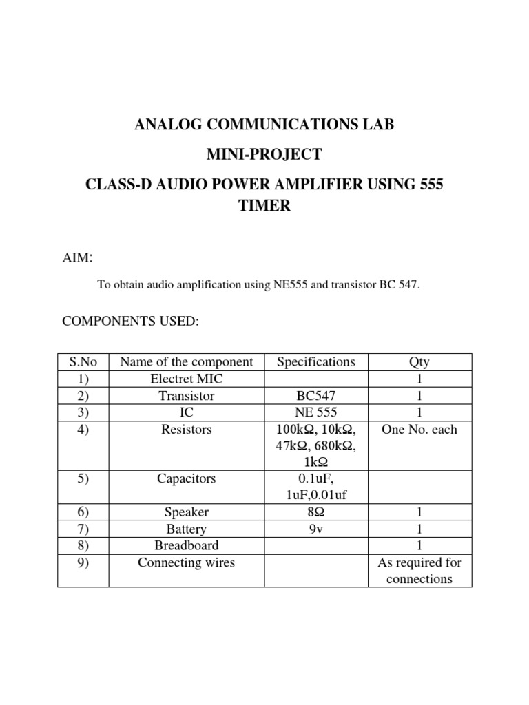 Analog Communications Lab Mini-Project Class-D Audio Power Amplifier ...