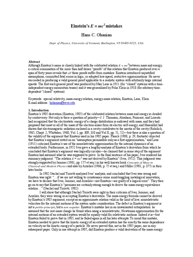 Einstein's E MC Mistakes: Hans C. Ohanian | PDF | Kinetic Energy | Momentum