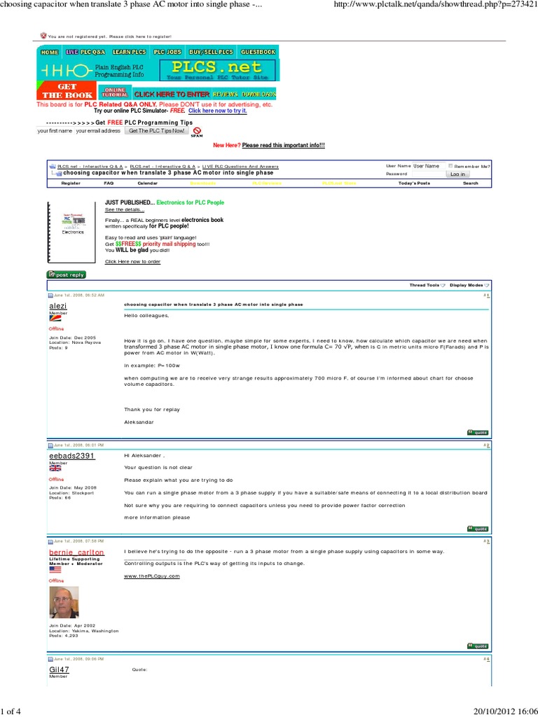Choosing Capacitor When Translate 3 Phase AC Motor Into Single Phase - PLCS - Net - Interactive ...