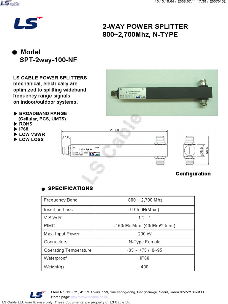 2-Way Power Splitter 800~2,700Mhz, N-TYPE Model SPT-2way-100-NF