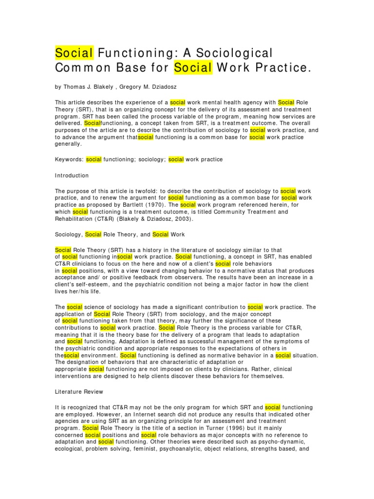 Social Functioning: A Sociological Common Base For Social Work Practice ...