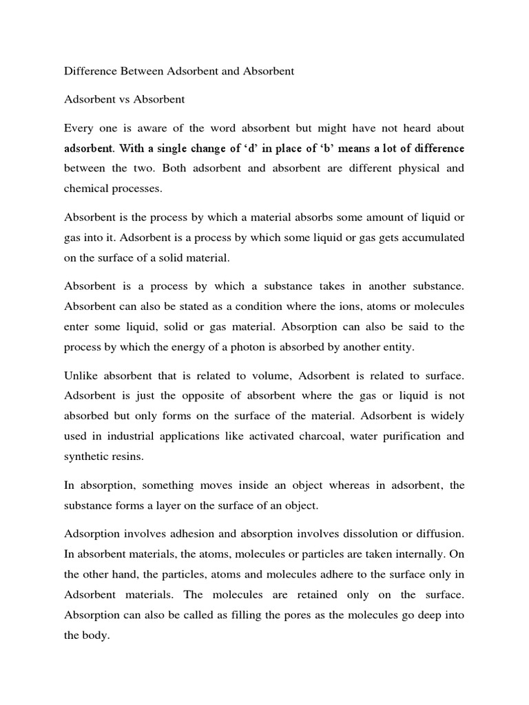 Adsorbent vs Absorbent Explained | PDF | Adsorption | Absorption ...