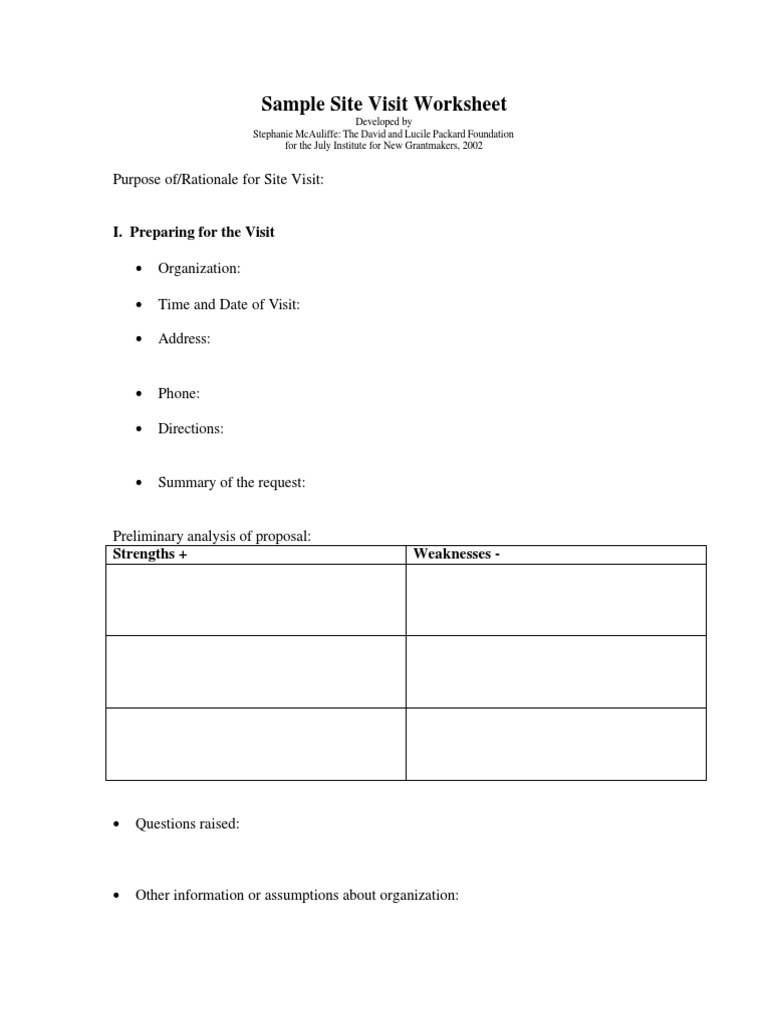 Sample Site Visit Worksheet | PDF