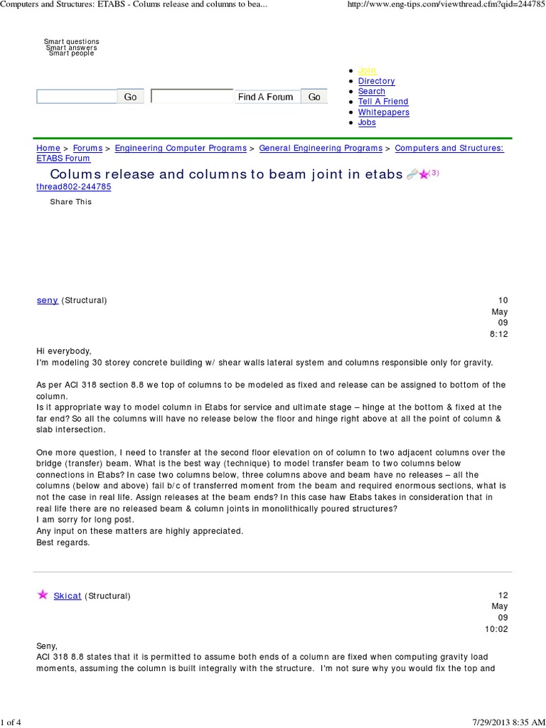 Computers and Structures - ETABS - Colums Release and Columns To Beam ...