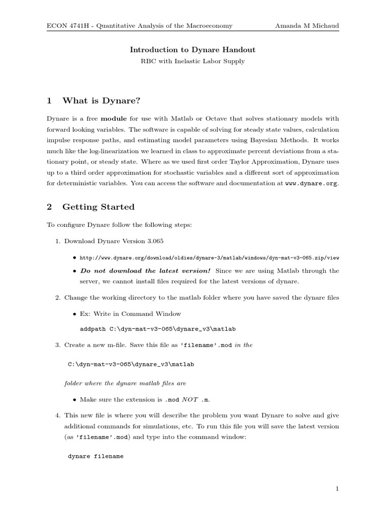 1 What Is Dynare?: Introduction To Dynare Handout | PDF | Matlab | Vector Autoregression