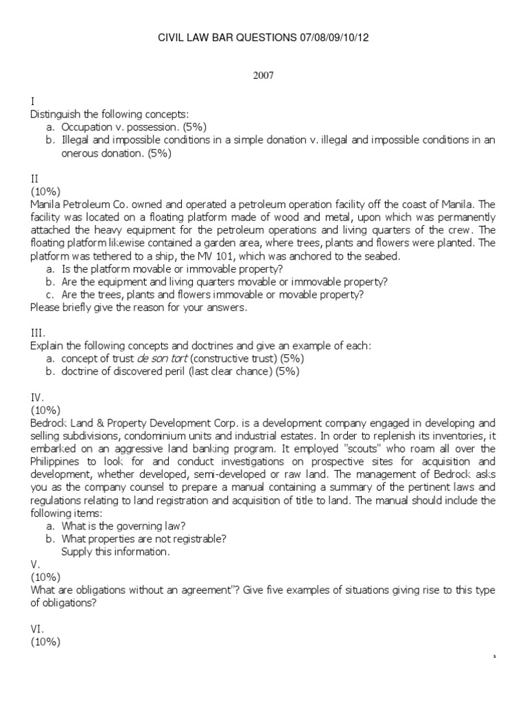Civil Law Bar Questions 07-12 | PDF | Politics