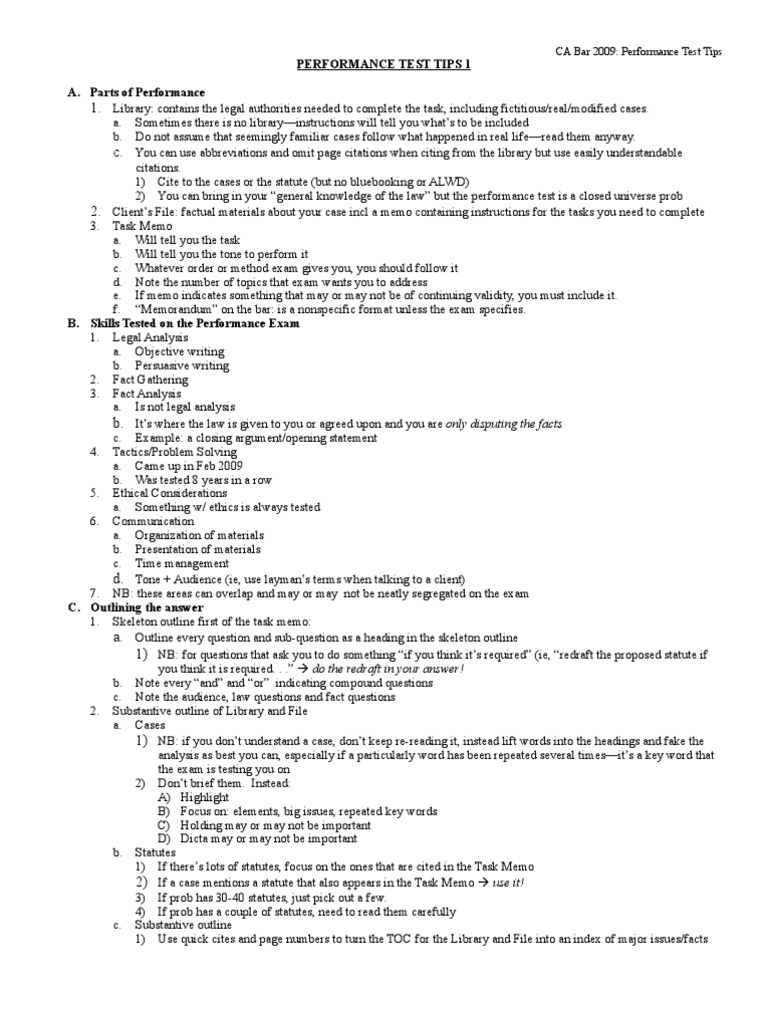 CA Bar: Performance Test Tips 1 (2009) | PDF | Memorandum | Argument