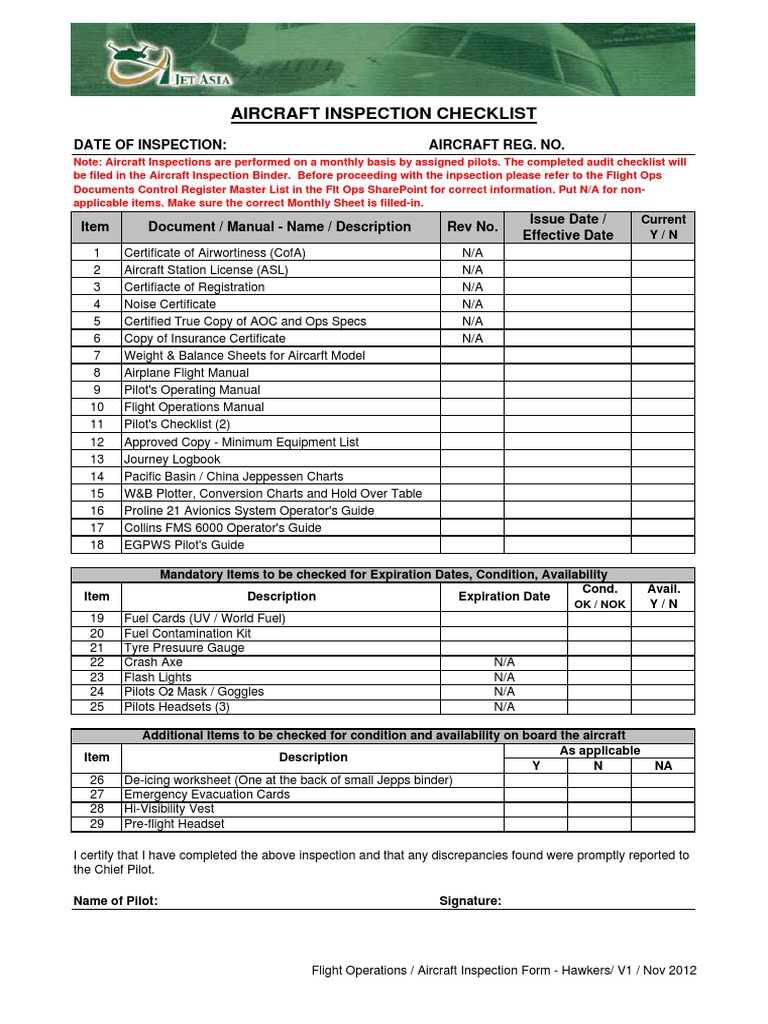 Aircraft Inspection Checklist - For Pilots - Hawkers PDF | PDF