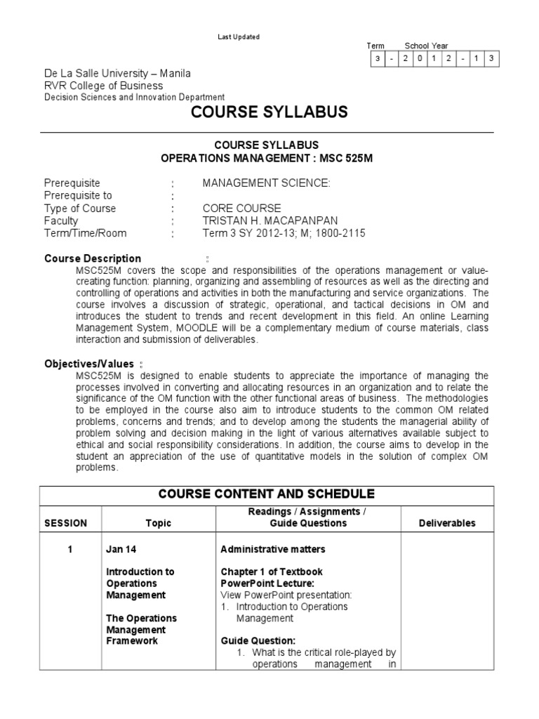 Operations Management Syllabus MSC 525M | PDF | Operations Management ...