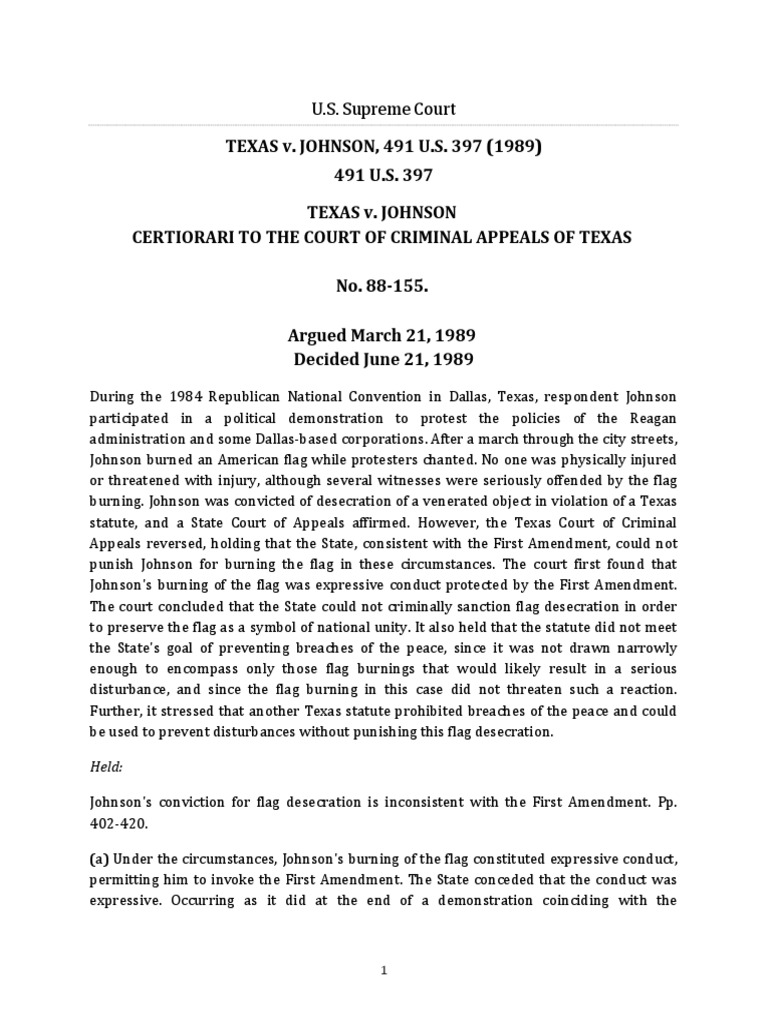 Texas Vs Johnson (1989) | Download Free PDF | United States V. O'brien ...