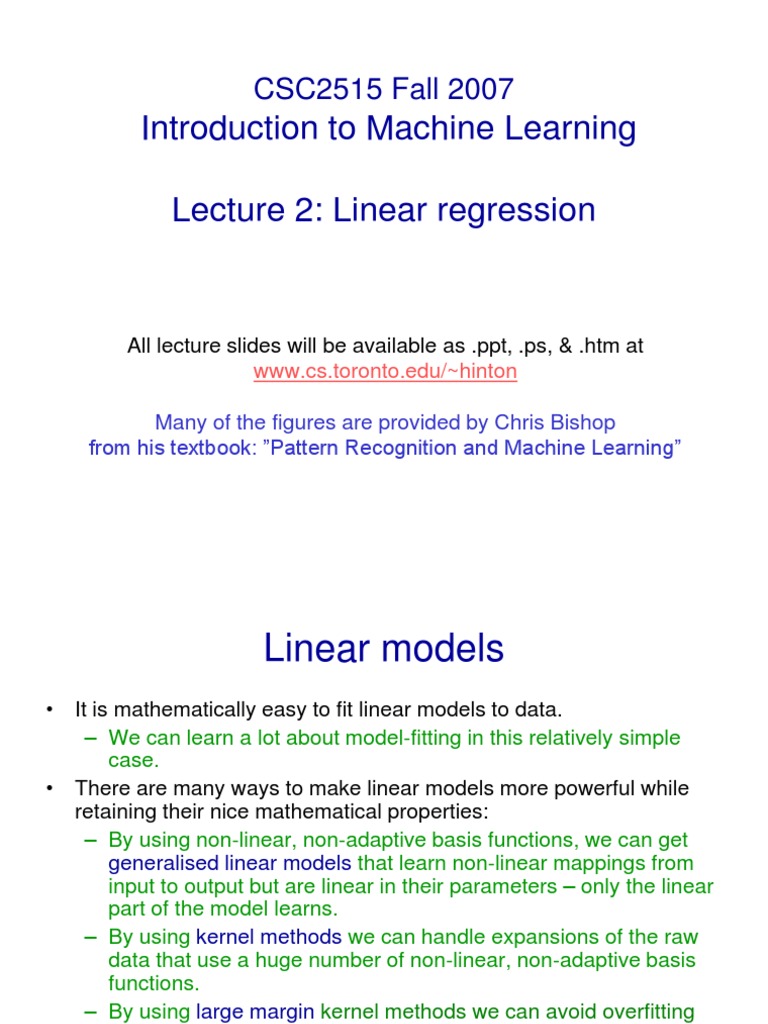 Introduction To Machine Learning Lecture 2: Linear Regression | PDF ...