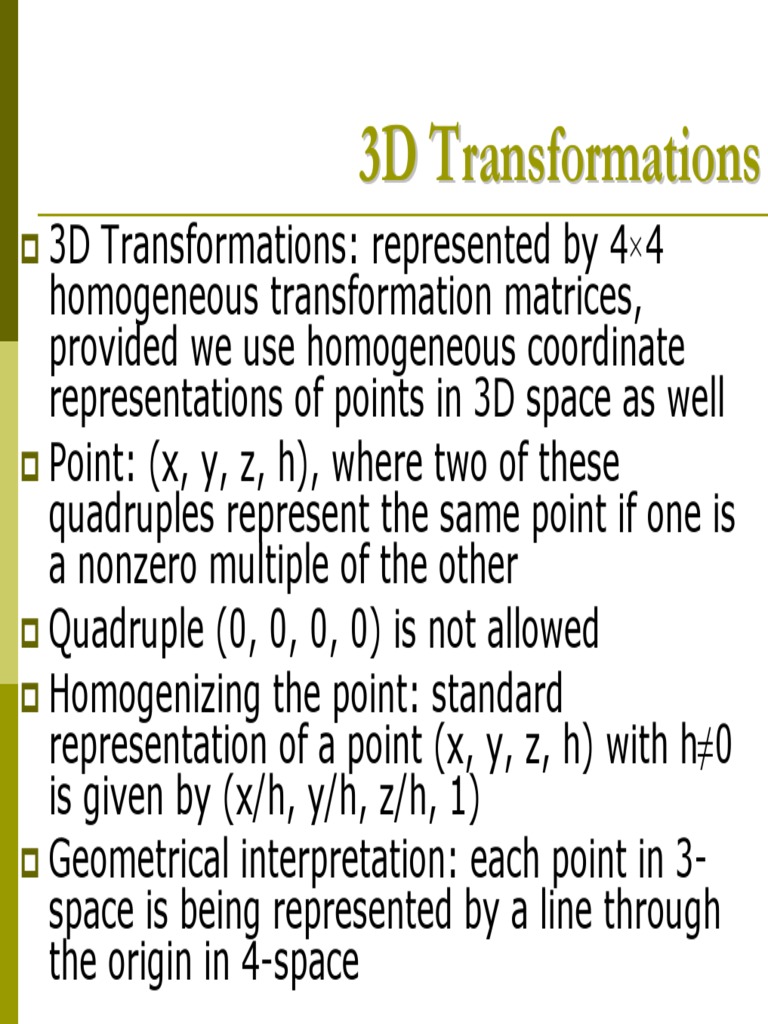 3D Transformations Matrix | PDF | Cartesian Coordinate System | Geometry