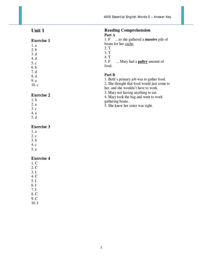 4000 Essential English Words 5 AnswerKey | PDF | Reading Comprehension ...