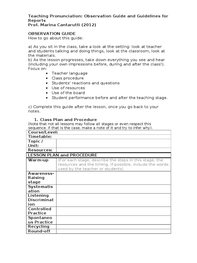 Class Observation Report and Guidelines (1) | Lesson Plan | Teachers ...