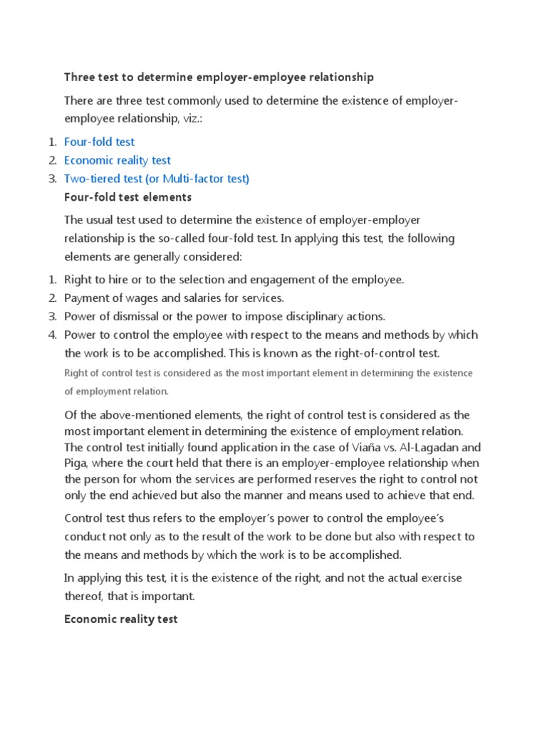 Tests for Employer-Employee Relationship | PDF | Employment | Common Law