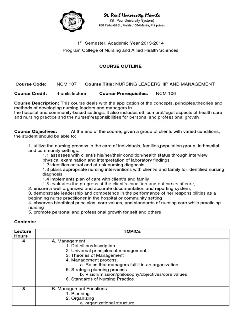 Course Outline NCM | PDF | Nursing | Leadership