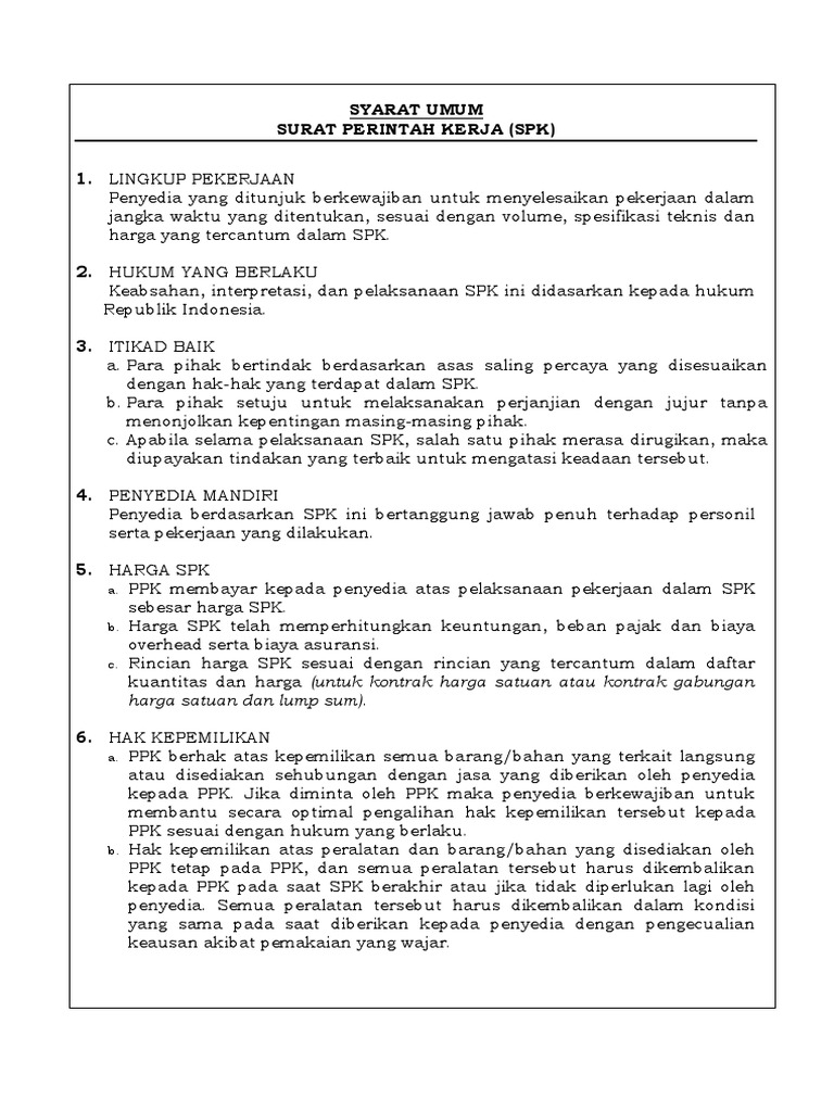 Syarat Umum Surat Perintah Kerja SPK | PDF