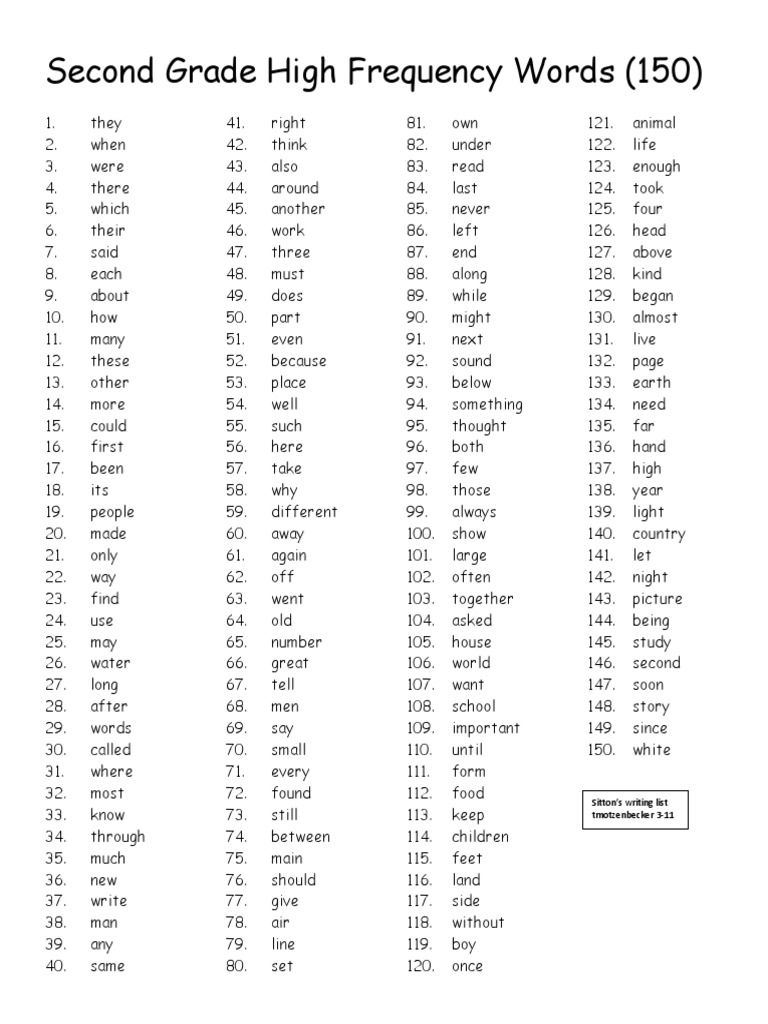 2nd Grade High Frequency Words | PDF