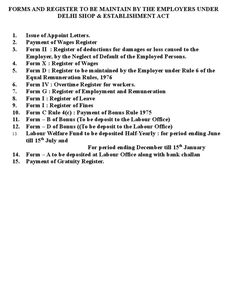 Forms and Register Under Delhi Shop & Establishment Act | PDF