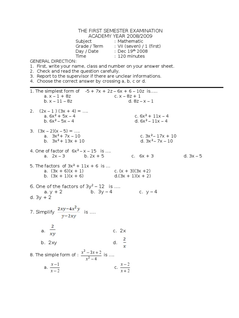 First Semester Math Exam 2008/09 | PDF | Line (Geometry) | Equations