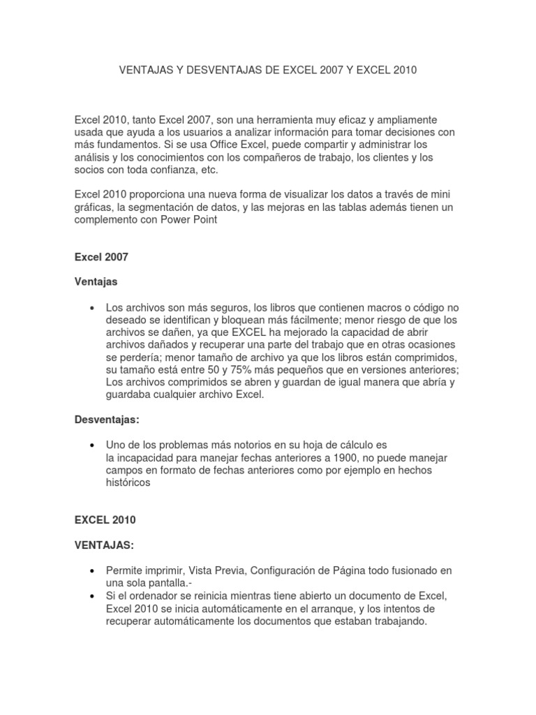Ventajas y Desventajas de Excel 2007 y Excel 2010 | PDF