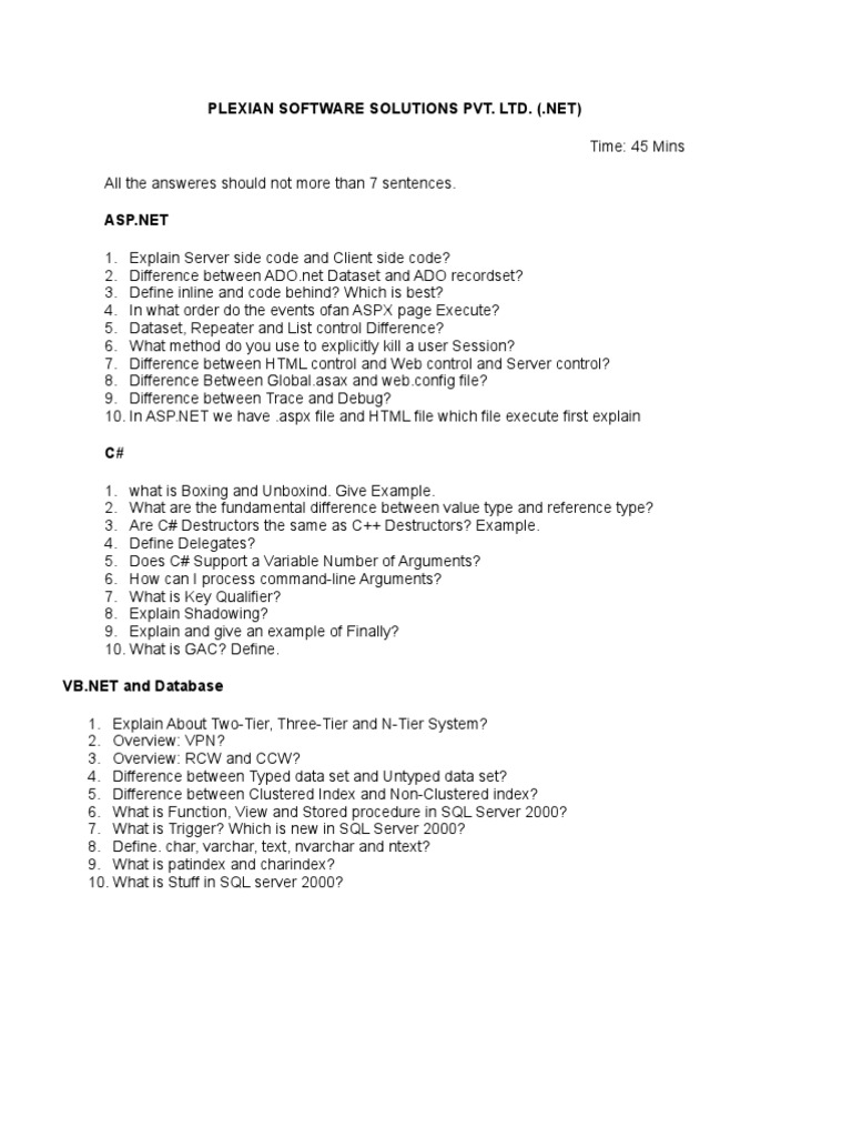 Dot Net Questions And Answers Pdf Component Object Model Database Index