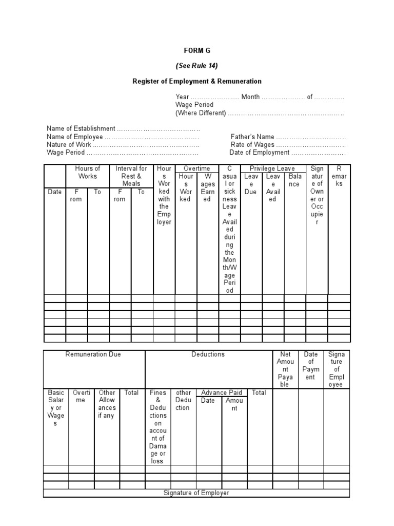 Employment & Remuneration Register Form G | PDF | Working Time ...