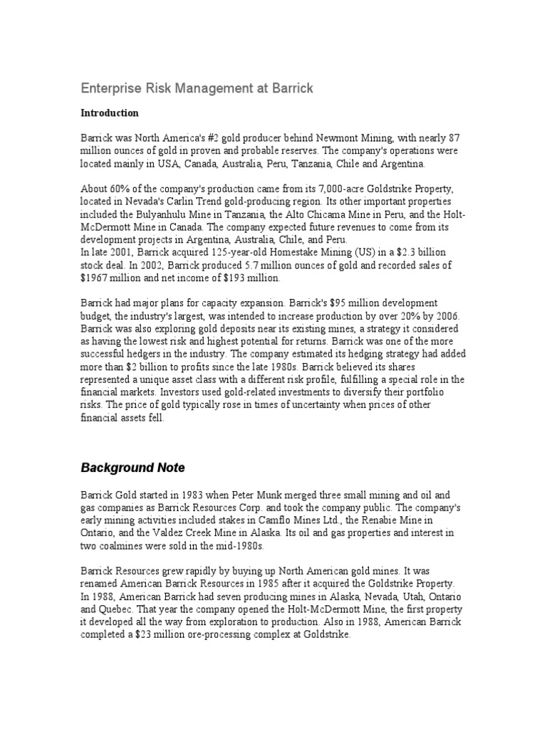 Enterprise Risk Management at Barrick | PDF | Hedge (Finance) | Gold As ...