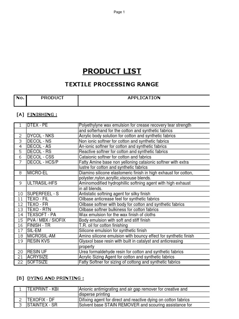 PRODUCT LIST-Textile Auxiliaries | PDF | Polyester | Textiles