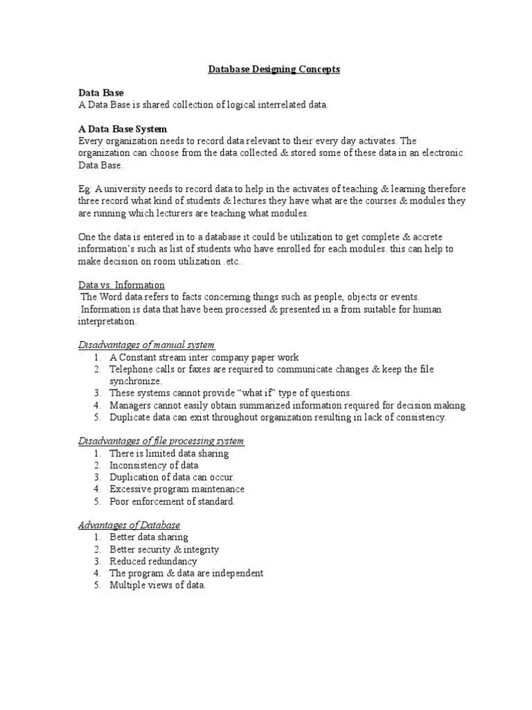 Database Designing Concepts Data Base: Disadvantages of Manual System ...