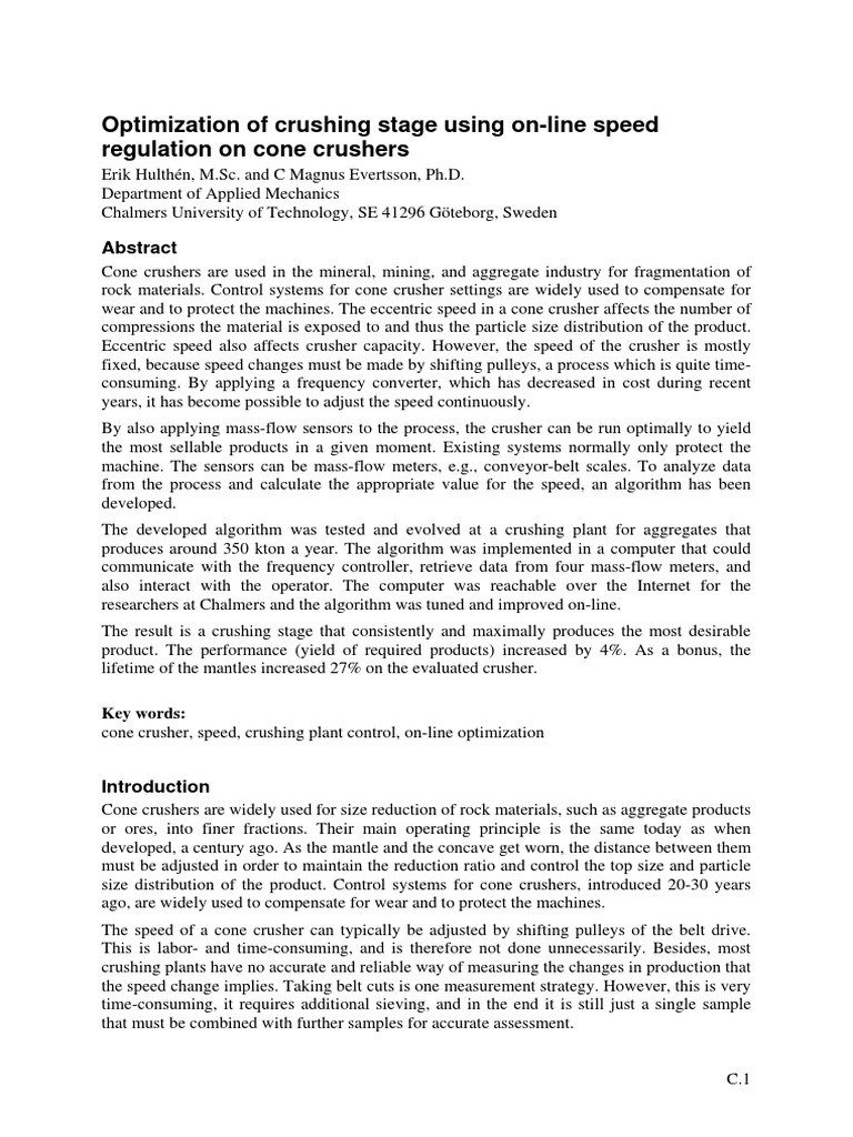Paperc Optimization Of Crushing Stage Using On Line Speed Regulation On Cone Crushers Pdf Pdf