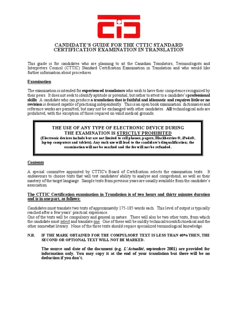 Candidate'S Guide For The Cttic Standard Certification Examination in ...