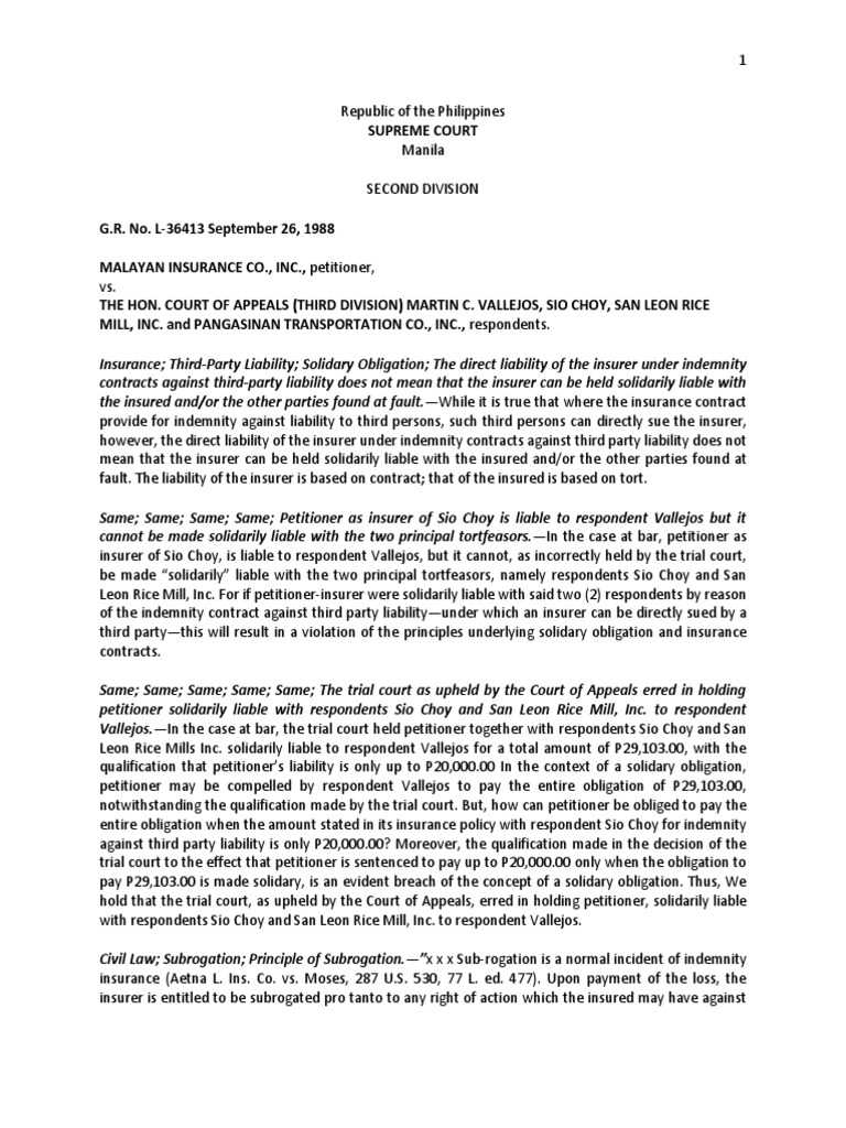 Malayan Insurance Co., Inc. vs. Court of Appeals | PDF | Subrogation ...