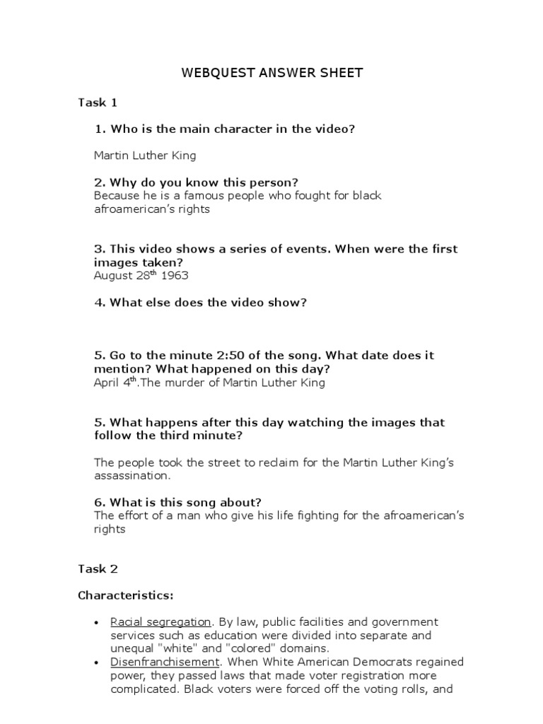 Webquest Answer Sheet | PDF | Disenfranchisement After The ...