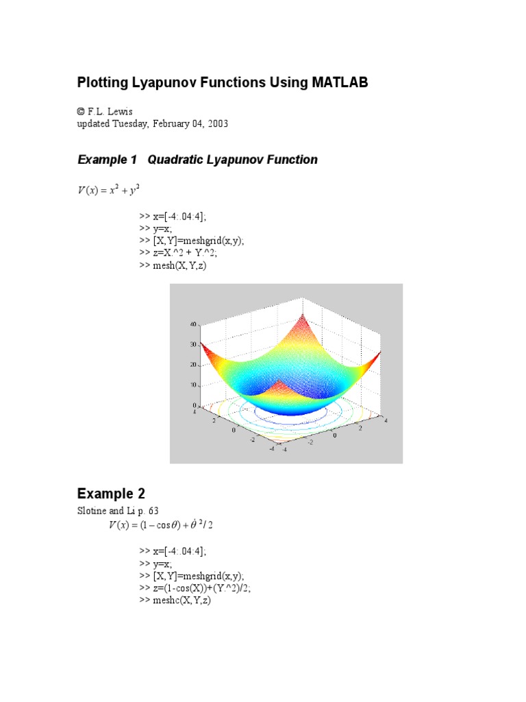 Plotting Lyapunov Functions Using MATLAB PDF | PDF