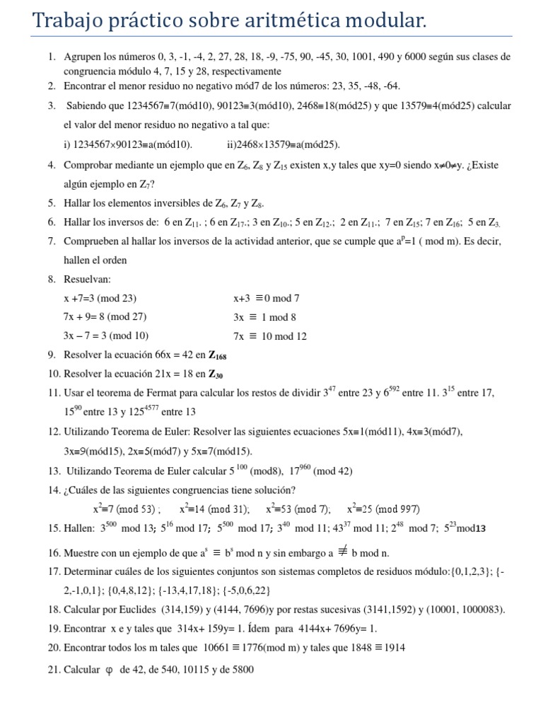 Trabajo Práctico Sobre Aritmética Modular | PDF | Álgebra | Álgebra ...