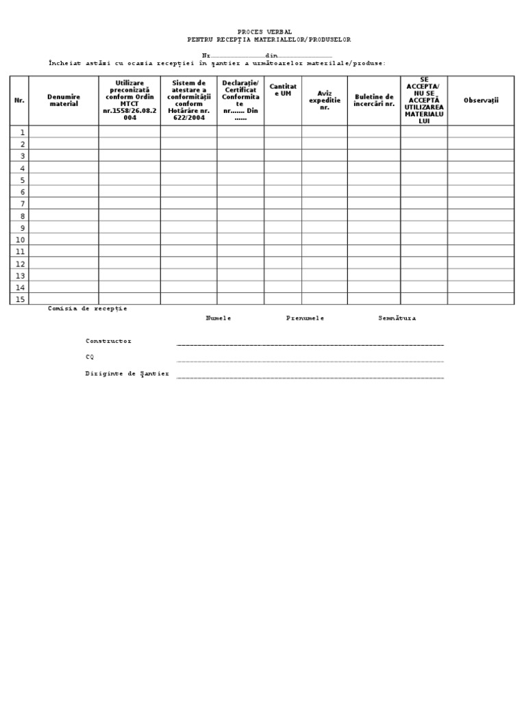 Proces Verbal Receptie Materiale | PDF