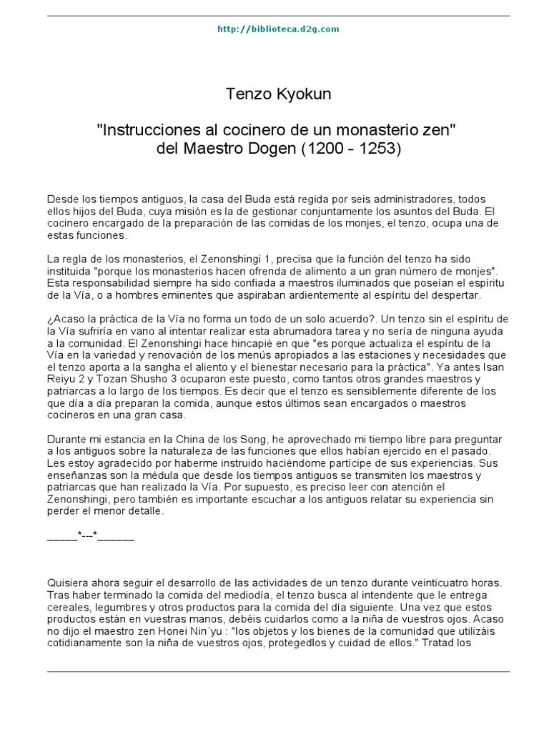 Kyokun, Tenzo - Instrucciones Al Cocinero de Un Monasterio Zen Del ...