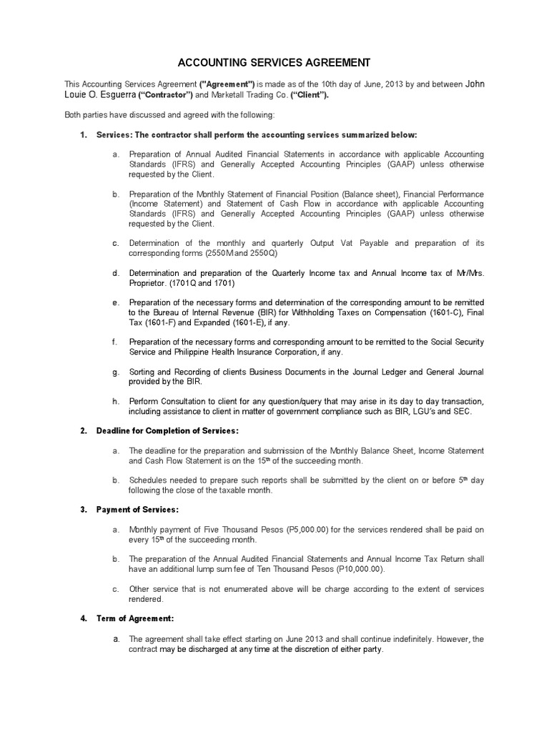 Accounting Services Agreement | PDF | Balance Sheet | Accounting