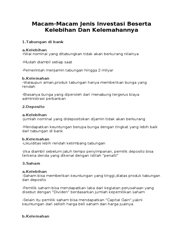 Macam-Macam Jenis Investasi Beserta Kelebihan Dan Kelemahannya | PDF Macam-Macam Jenis Investasi Beserta Kelebihan Dan Kelemahannya | PDF
