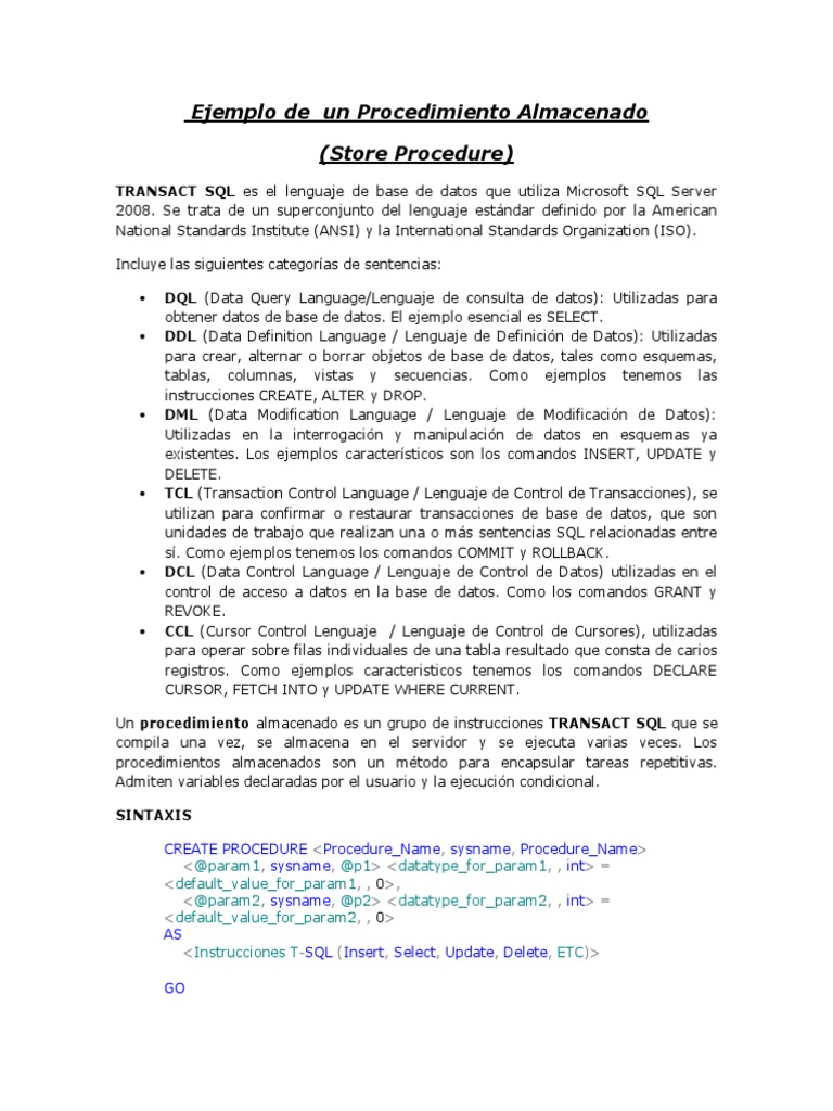 Ejemplo de Procedimiento Almacenado SQL | PDF | SQL | Bases de datos