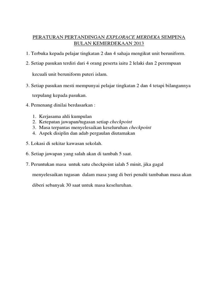 Peraturan Pertandingan Explorace Merdeka Sempena Bulan Kemerdekaan 2013 | PDF