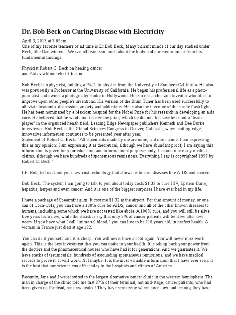 Dr. Bob Beck On Curing Disease With Electricity | PDF | Cure | Infection