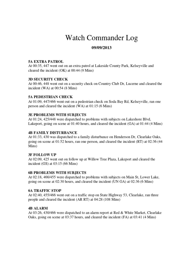 Daily Watch Commander Log Summary | PDF | Traffic | Road Transport
