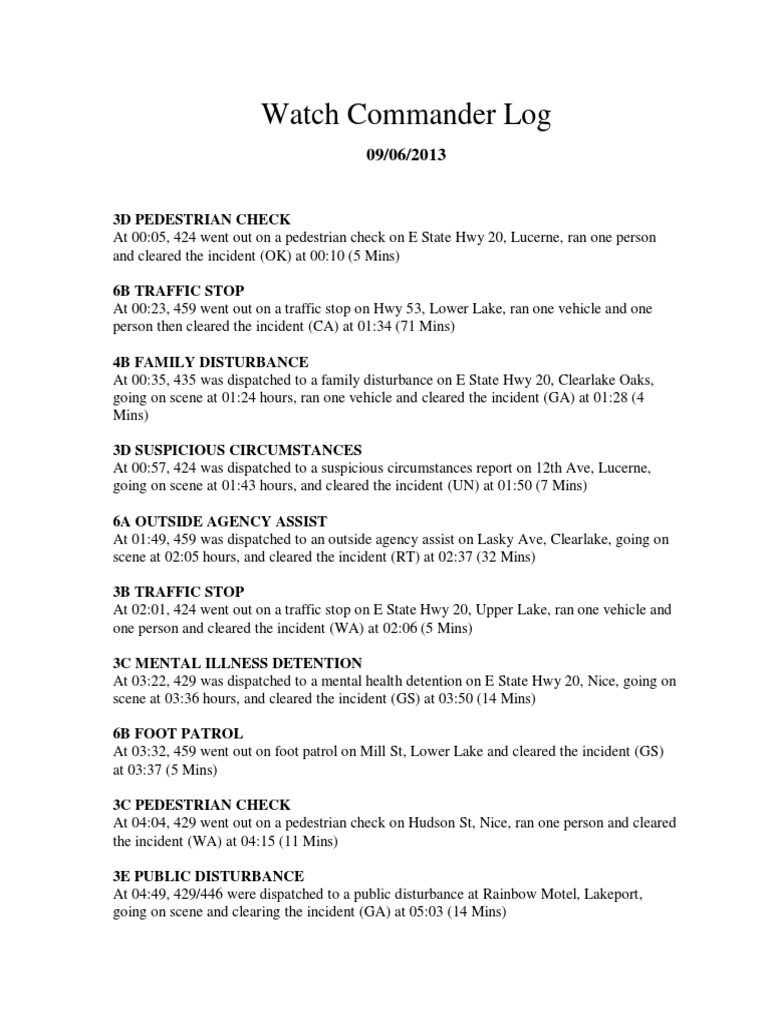 Watch Commander Log Summary - 09/06/2013 | PDF | Land Transport ...