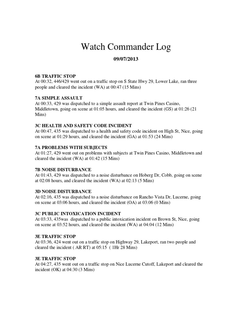 Lake County Sheriff's Watch Commander Logs | PDF | Traffic | Road ...
